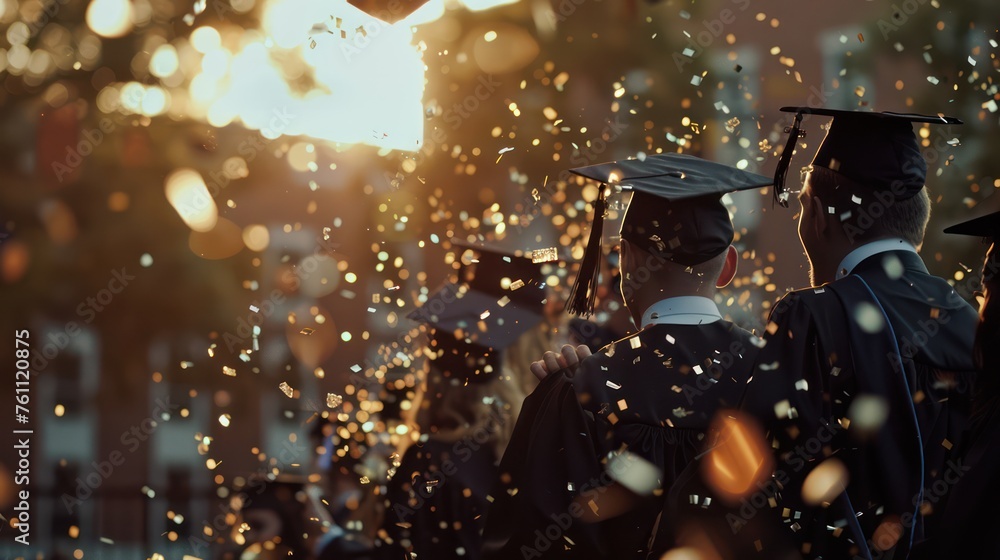 Graduation celebration at the university. Graduation caps thrown into ...
