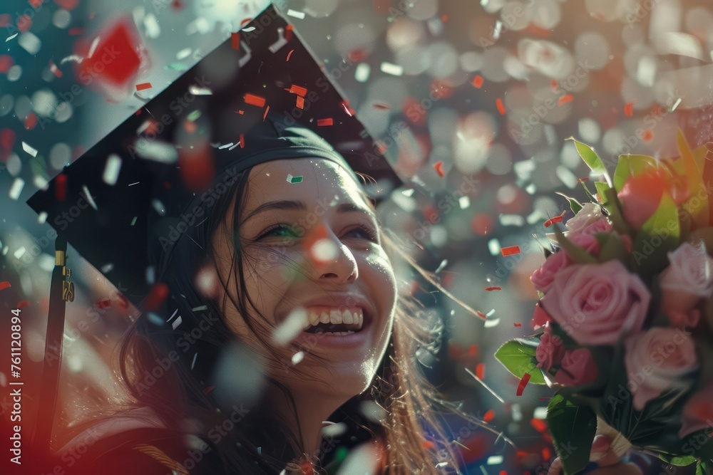 Graduation celebration at the university. Graduation caps thrown into ...