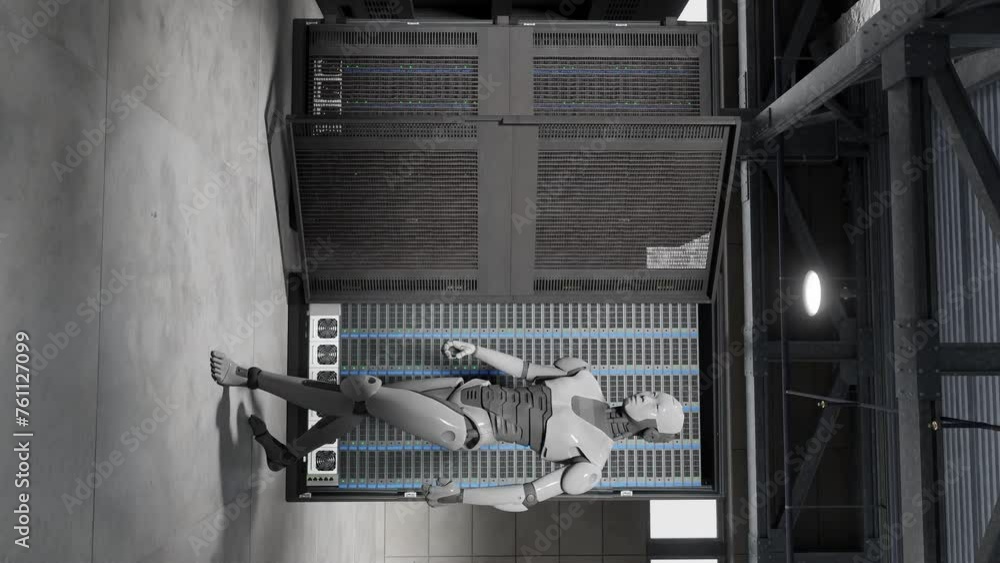 cyborg humanoid in to server internet hi tech room giving birth concept ...