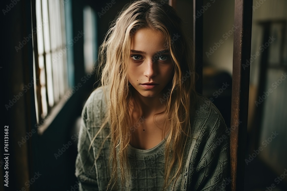 Portrait of a female prisoner staring intently into a cell behind the ...