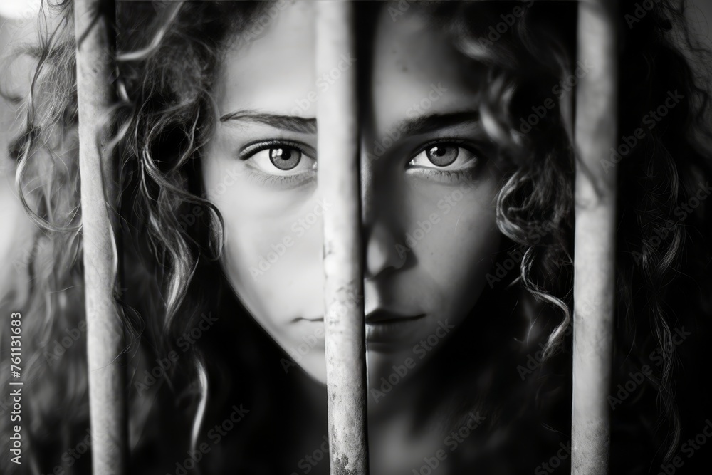 Portrait of a female prisoner staring intently into a cell behind the ...