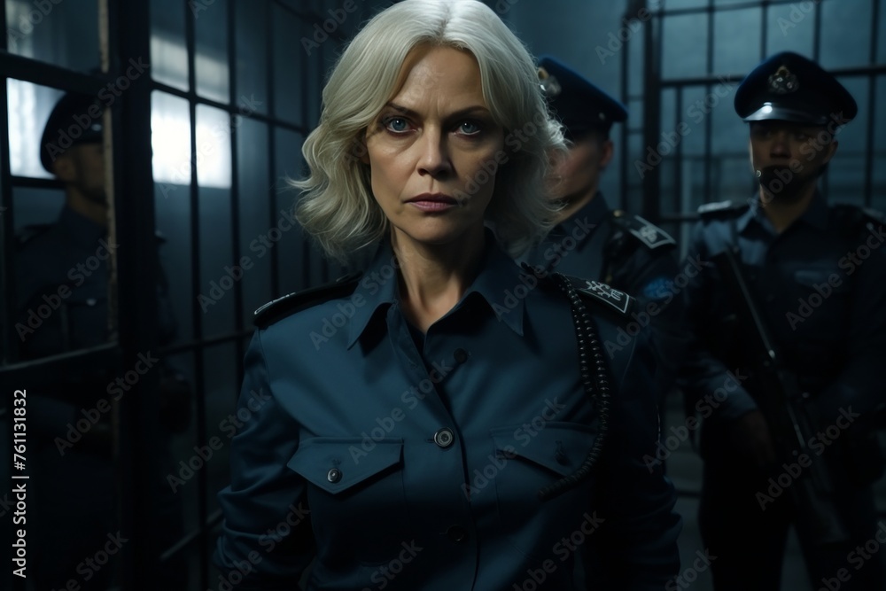 Senior woman in prison uniform sits behind bars in dark prison for ...