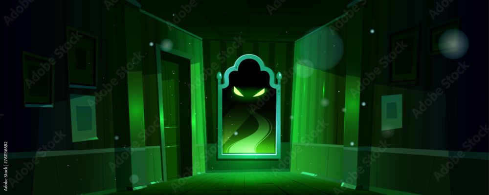 Dark corridor interior with haunted eyes in mirror. Creepy mystery ...