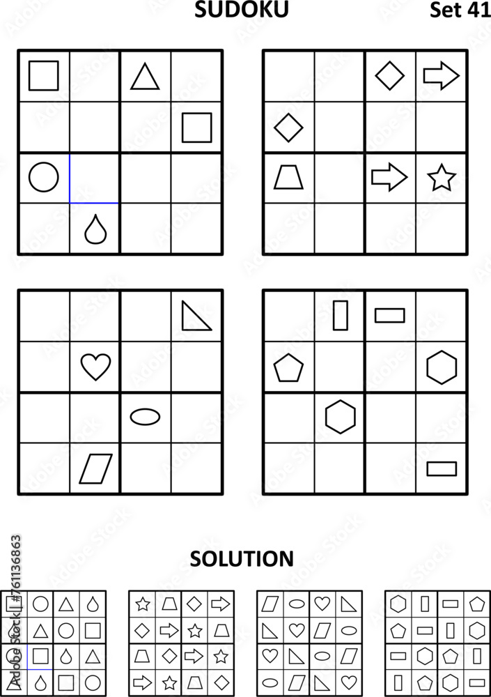 Sudoku - four picture puzzles for brain workout. Print and draw shapes to fill in the blanks ...