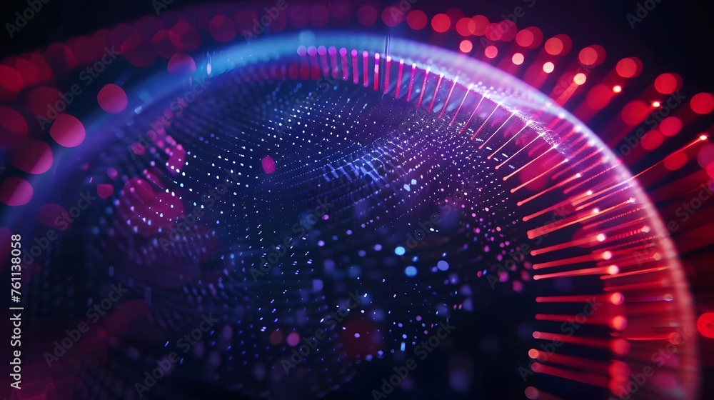 Big data sphere visualization with text. HUD wireframe mesh sphere with dot and lines. Visual ...