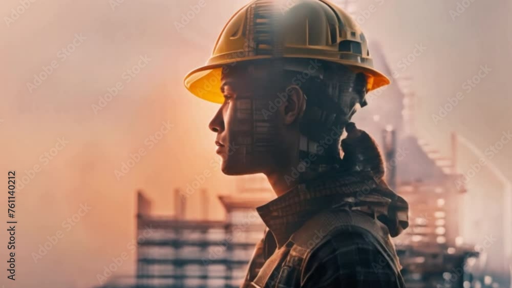 Helmet-clad person standing beside a robotic statue amidst flames ...