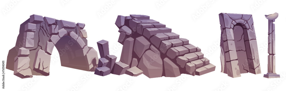 Ancient ruin vector set. Old Atlantis city temple building pillar and ...