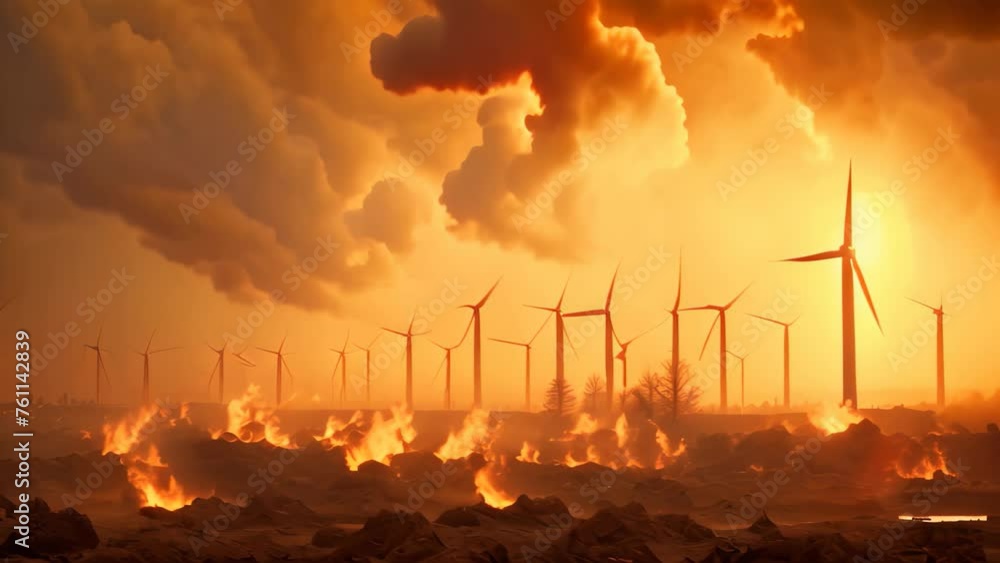 Wind turbines burning in the desert, global warming, climate change ...