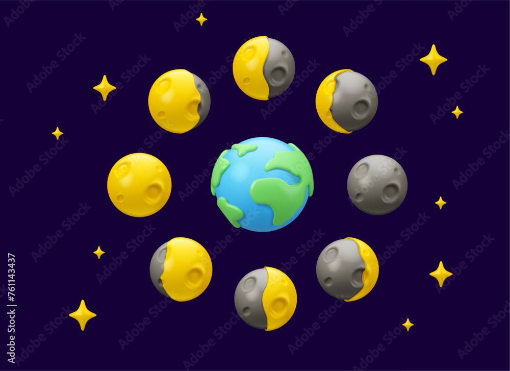 Vector 3d Earth and Moon phases icon set. Lunar calendar design ...