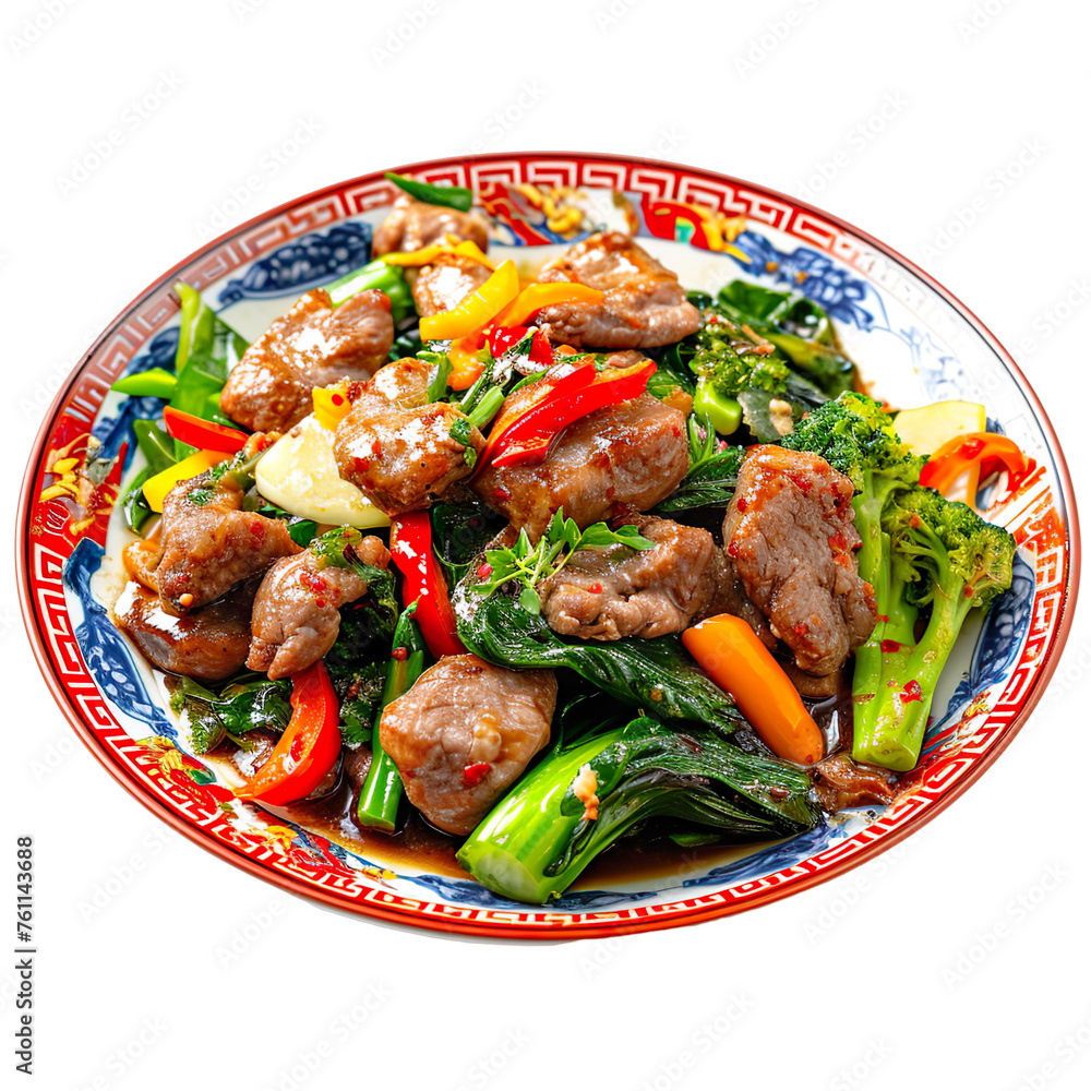 front view of Pad Ped Moo Krob (spicy crispy pork stir-fry) with a ...