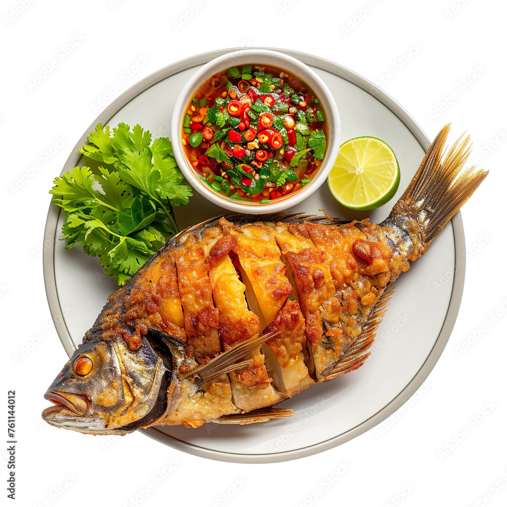 front view of Pla Tod Nam Pla (fried fish with fish sauce) with a tangy ...