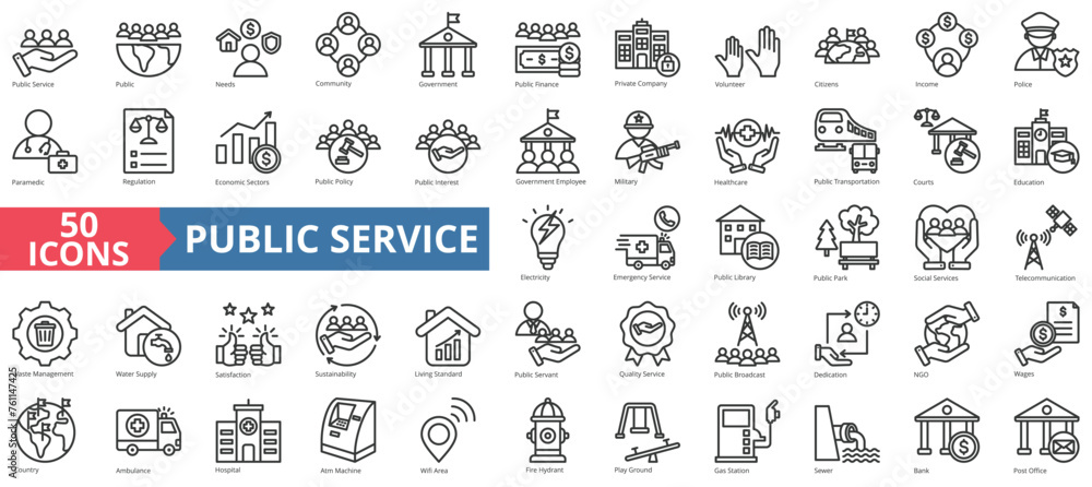 Vetor de Public service icon collection set. Containing policy, needs ...