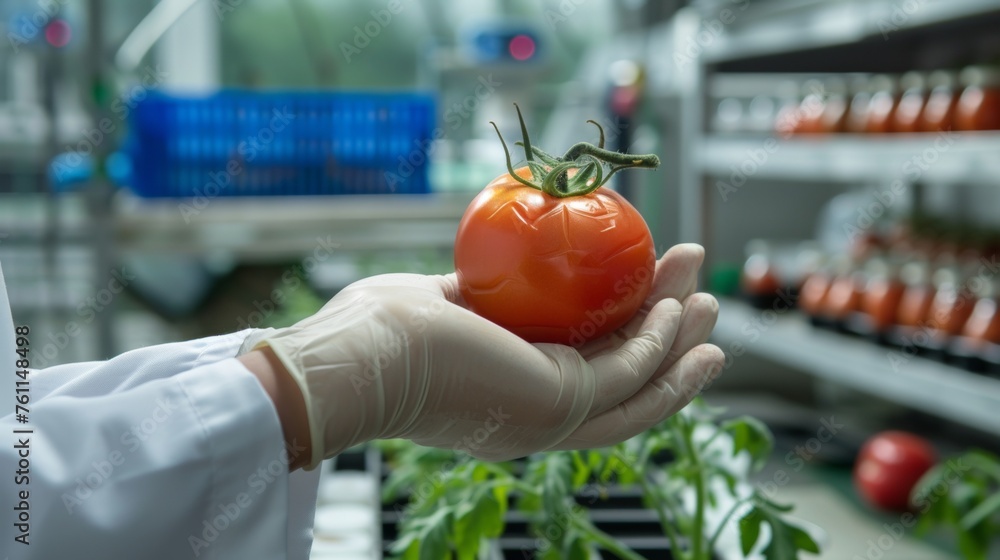 hand scientist hold tomato in technology laboratory. GMO and laboratory ...