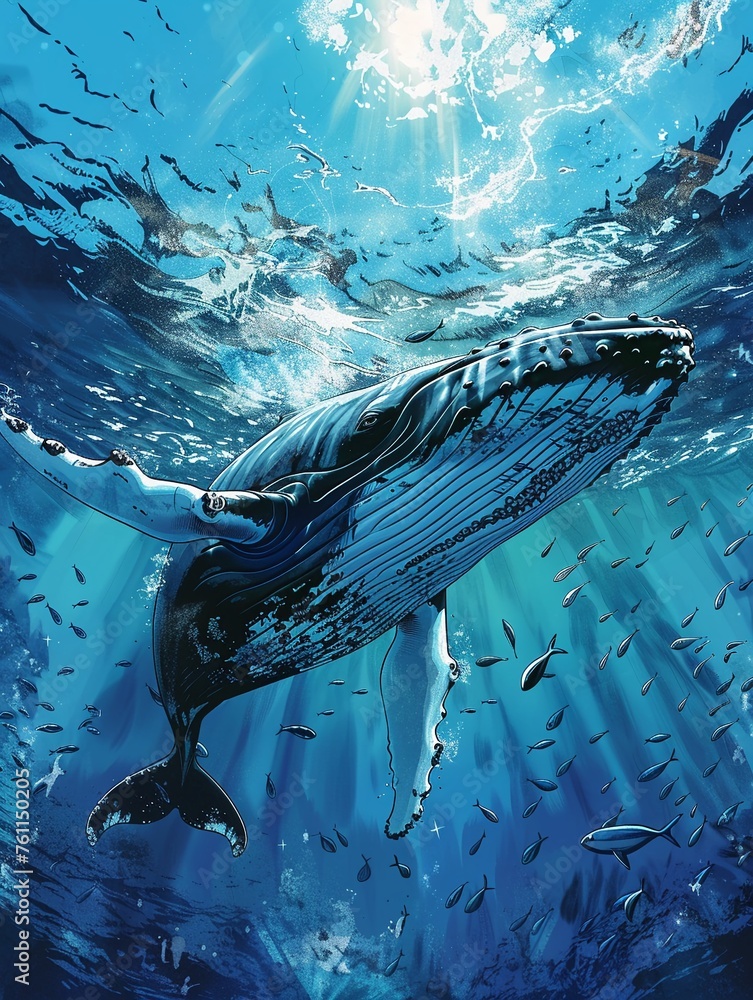 A majestic humpback whale, surrounded by a school of shimmering fish ...