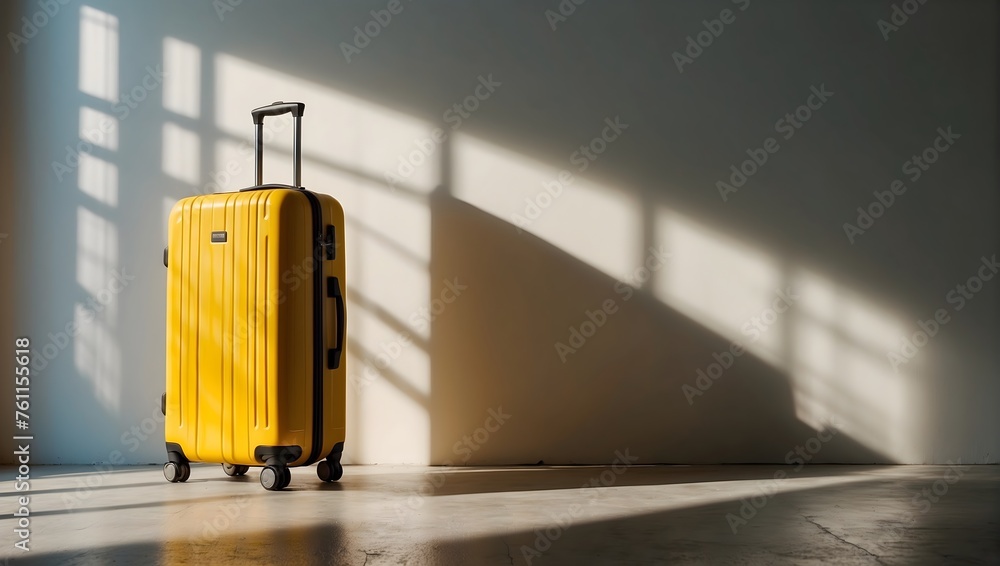Bright yellow, hefty travel suitcase, standing alone with its shadow ...