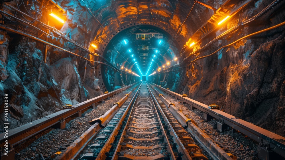 Illuminated Underground Tunnel with Railway Tracks. Railway tracks ...