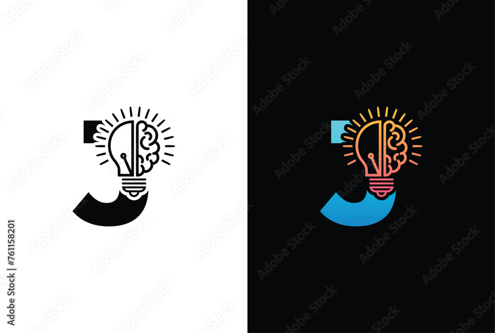 Initial letter J half of light bulb and brain isolated on white ...