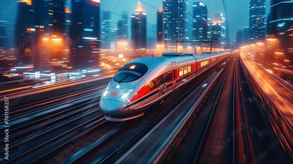High-Speed Train Curving Through City at Night. The high-speed train ...