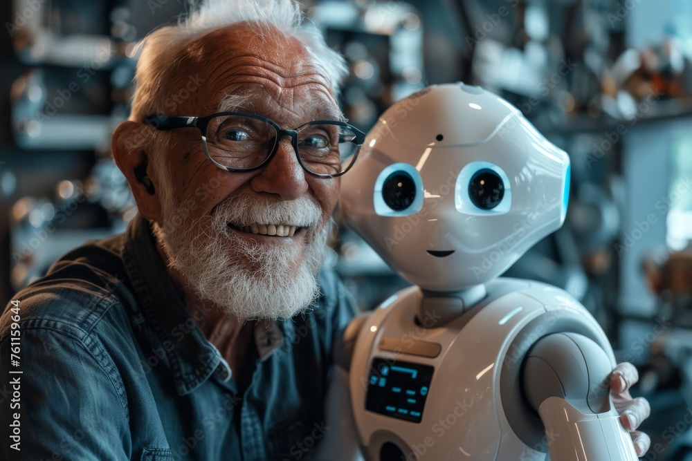 Close-up portrait of senior gray-haired bearded man and futuristic ...