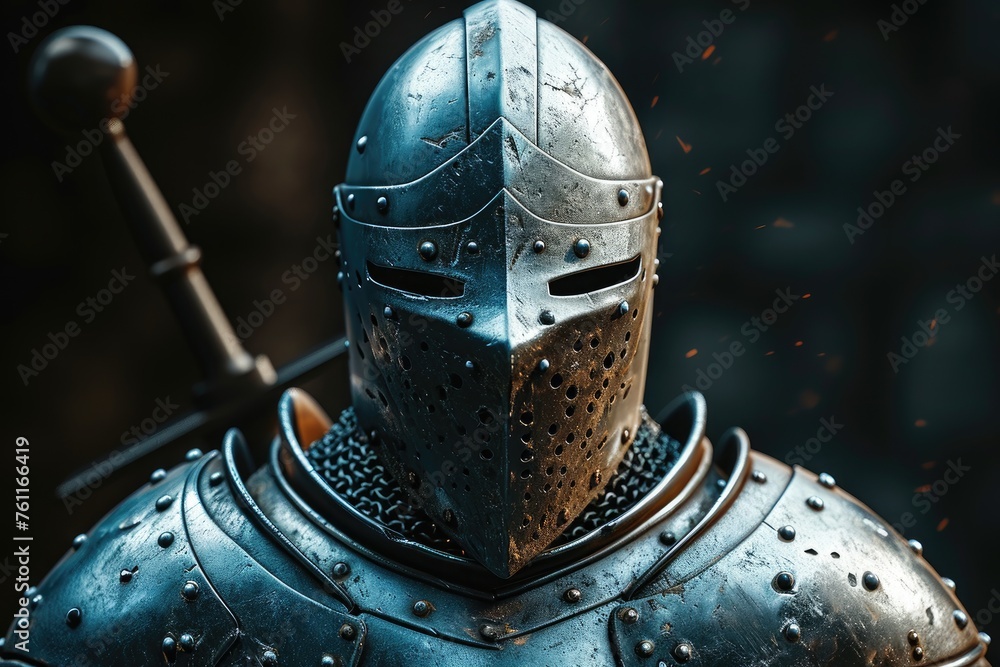 A close up photograph capturing the details of a knight as he holds a ...
