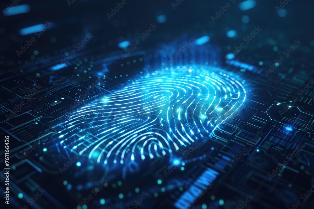 A fingerprint is visible on a circuit board illuminated by blue lights ...