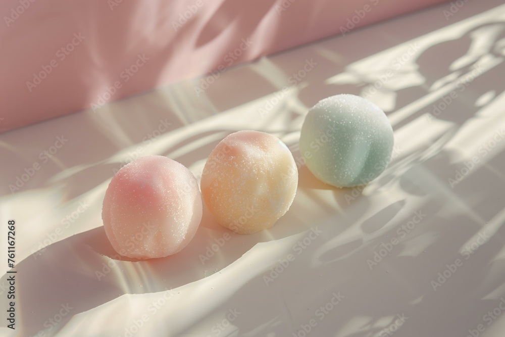 pastel color mochi desserts on a pastel pink background, shadow play ...