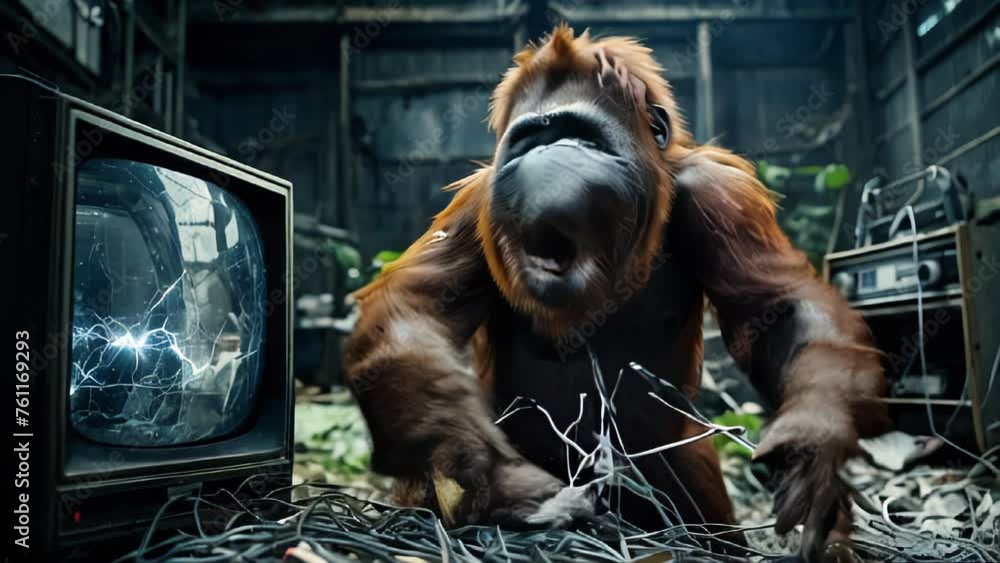 A monkey transfixed by an old CRT television set amidst the jungle. The ...
