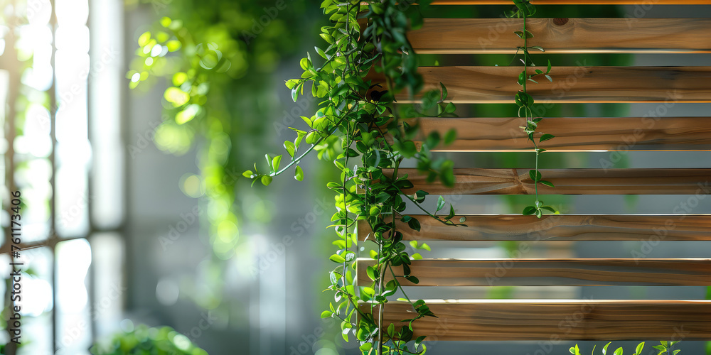 Greenery on Wooden Slats - Indoor Plant Partition. Lush green plants ...