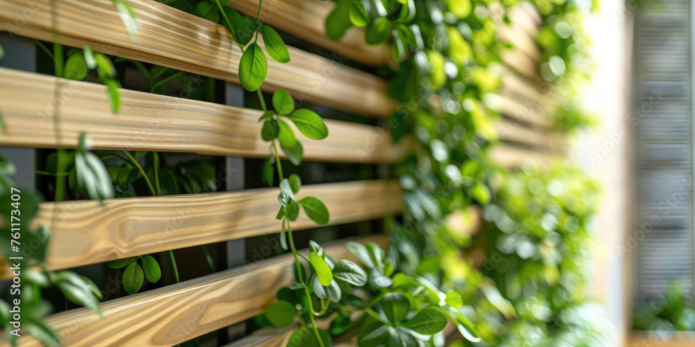 Greenery on Wooden Slats - Indoor Plant Partition. Lush green plants ...