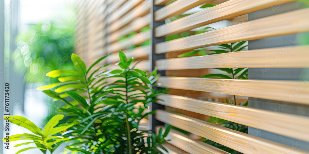 Greenery on Wooden Slats - Indoor Plant Partition. Lush green plants ...
