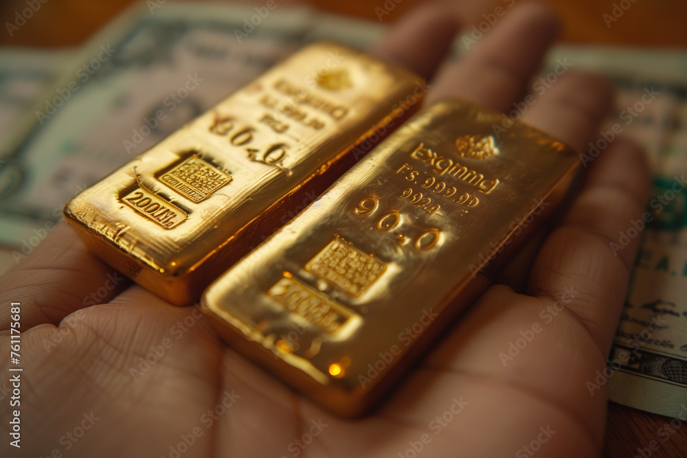 A close-up photograph of five grams of two gold bars resting on a ...