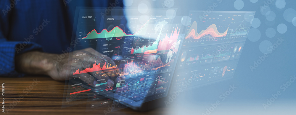 Businessman using computer for data analysis management on visual ...
