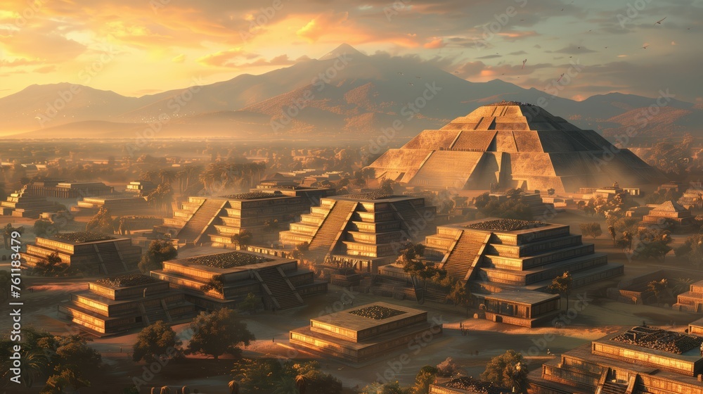 Dawn of the Aztec Empire, The golden sunrise casts a warm glow over the ...