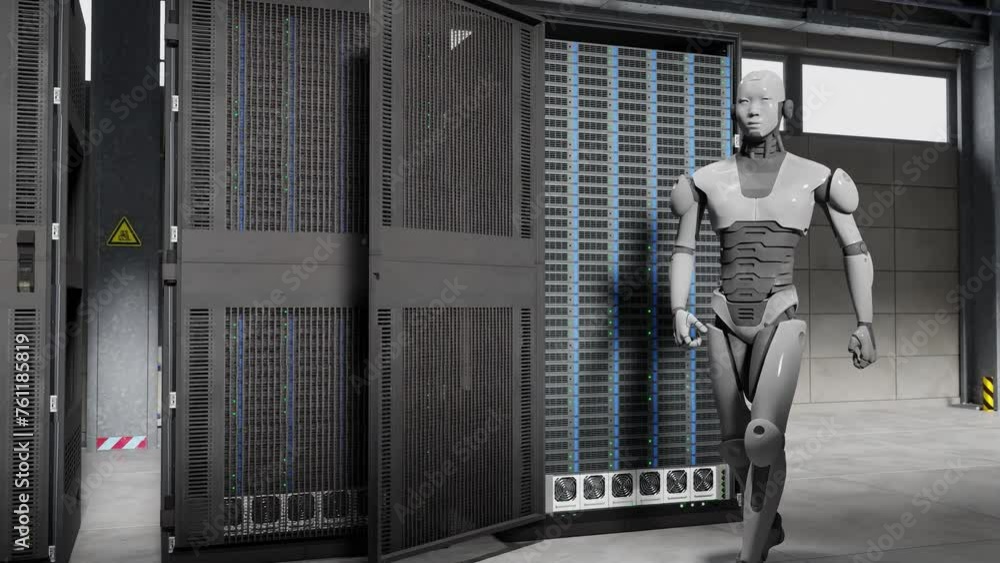 cyborg humanoid in to server internet hi tech room giving birth concept ...