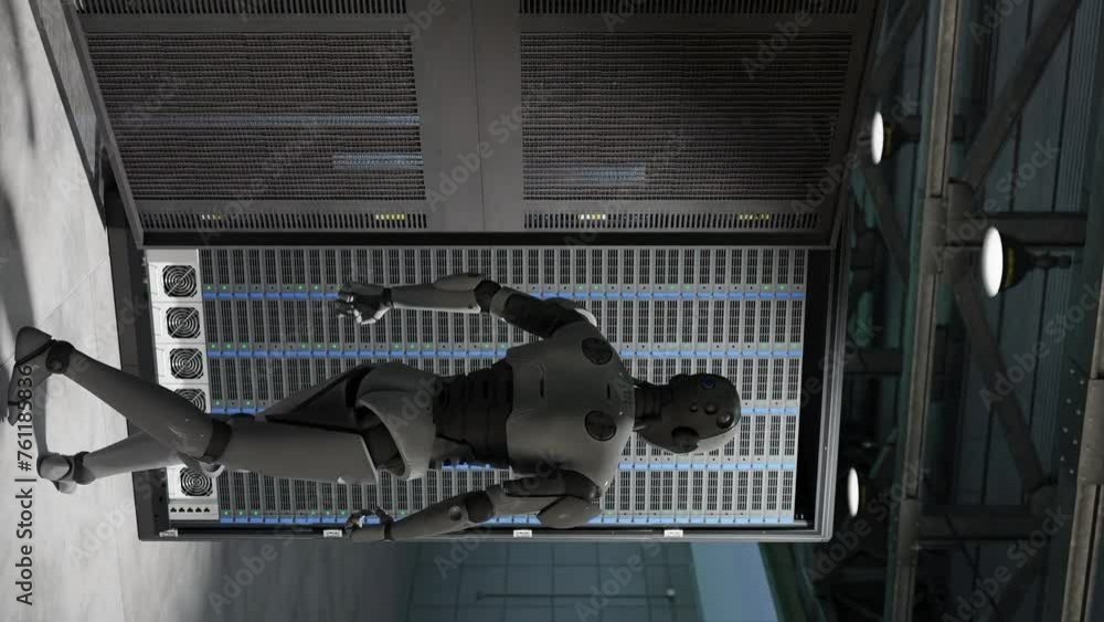 Vidéo Stock cyborg humanoid in to server internet hi tech room giving ...