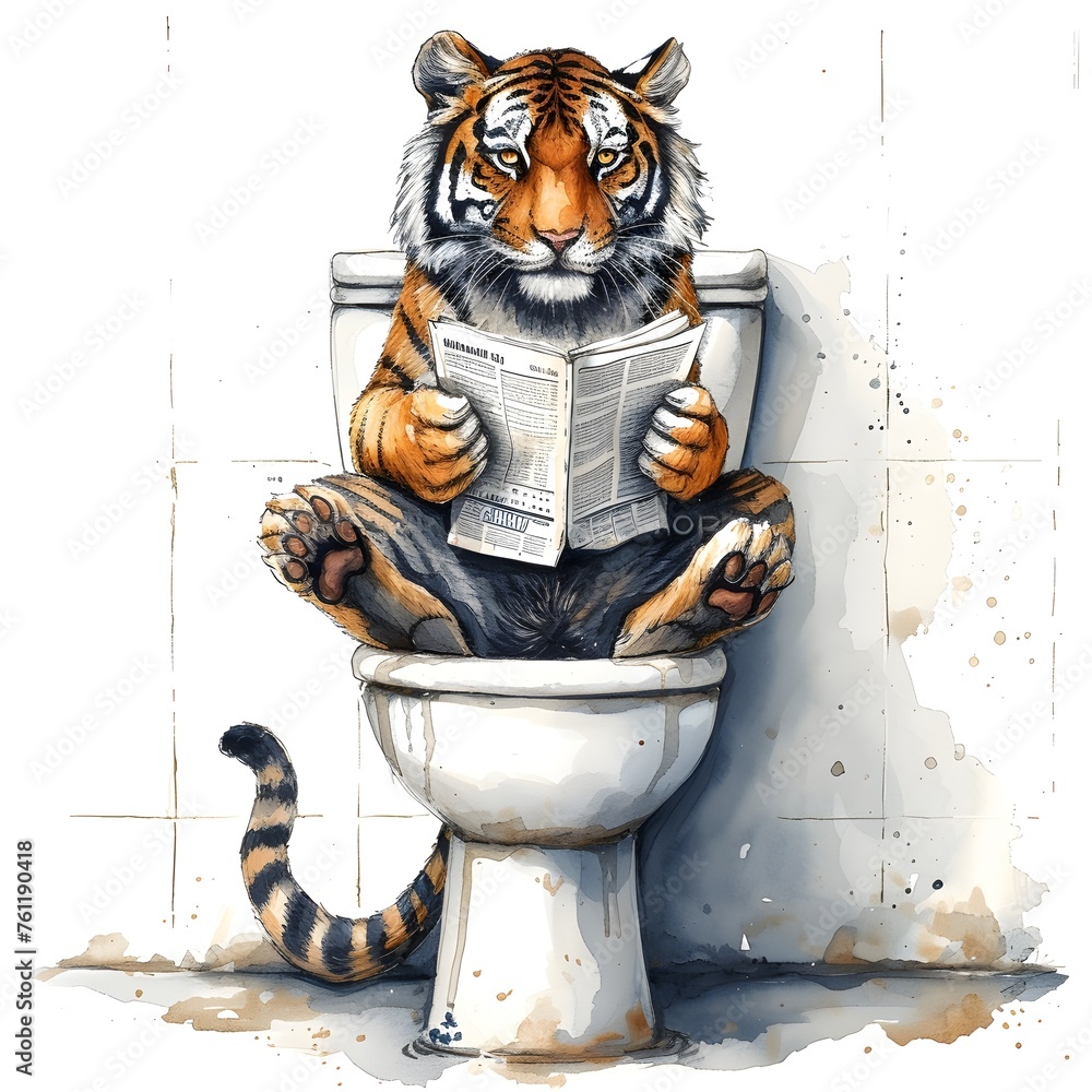 In the toilet room, an educated tiger sits on the toilet and carefully ...