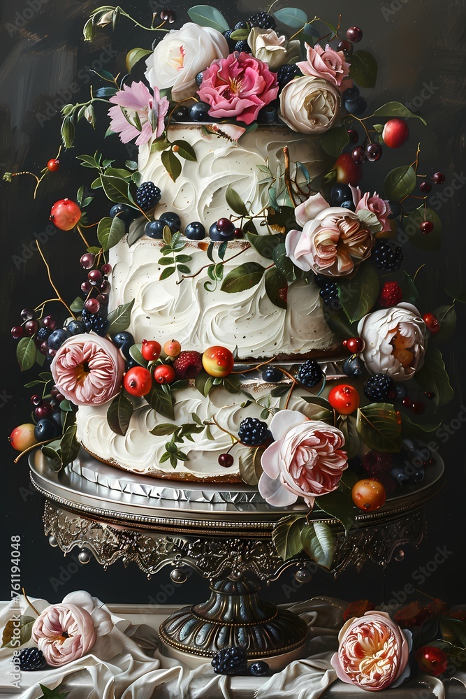 Vintage Oil painting style of 3 tier wedding cake with flower, Food art ...