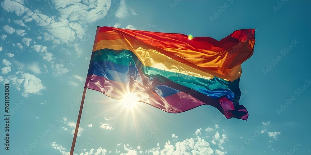 Displaying LGBTQ pride flag at protest for equality and acceptance ...