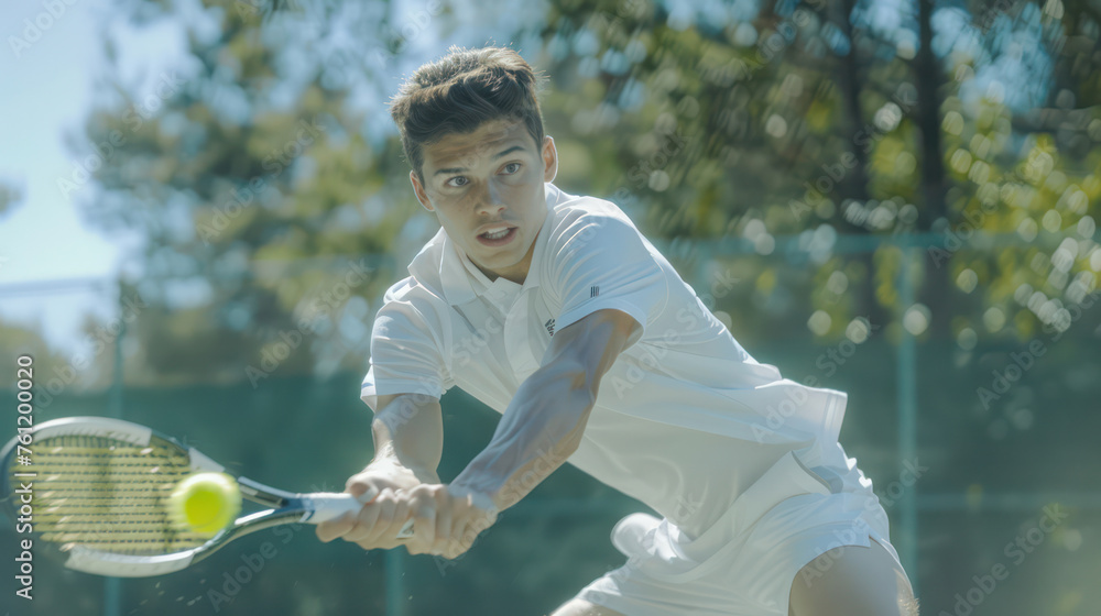 A young players wearing white uniforms are playing tennis on the tennis ...