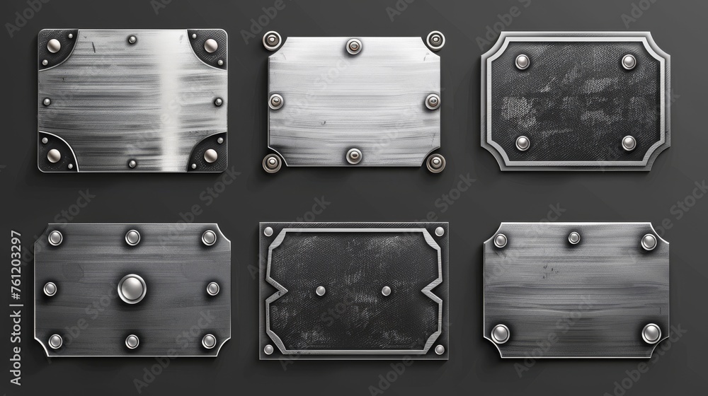 Mockup of rectangular, square and hexagonal steel metal tag plates with ...