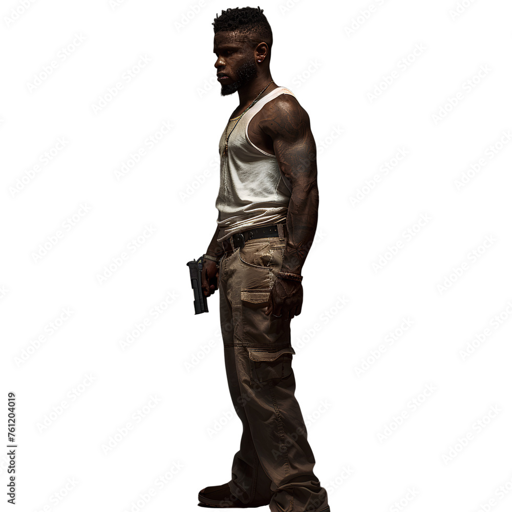 Black man Thug stands holding pistol, looks at his right, wear a jacket ...