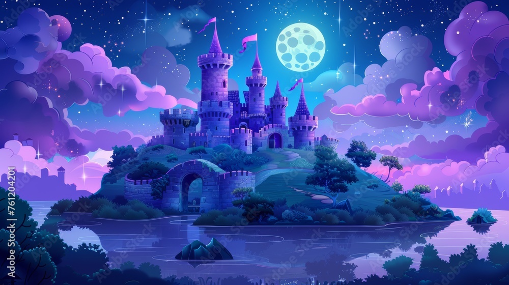 A medieval castle on an island at night. Cartoon modern illustration of ...