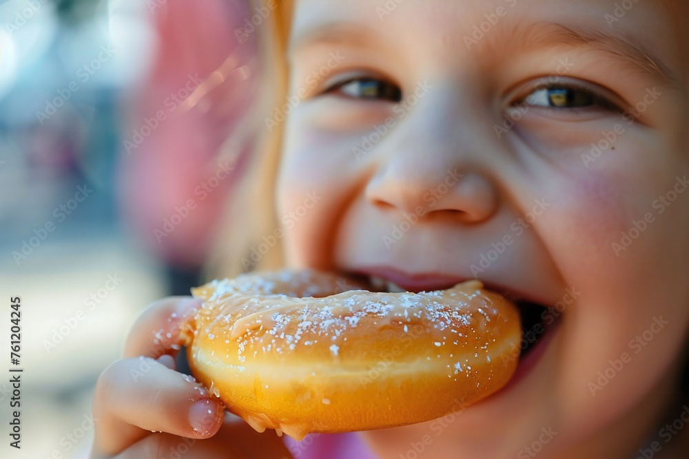 child eating doughnut messily. A sweet cupcake in hand. The girl is ...