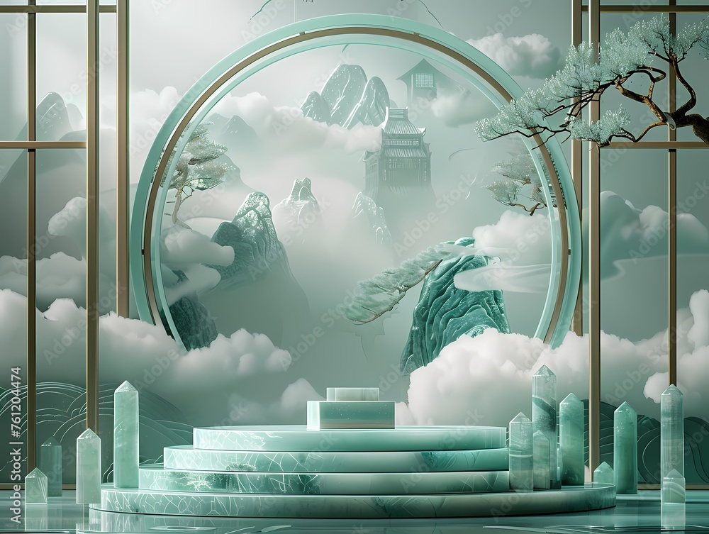 Various green jade column podium with Chinese land scape painting in ...