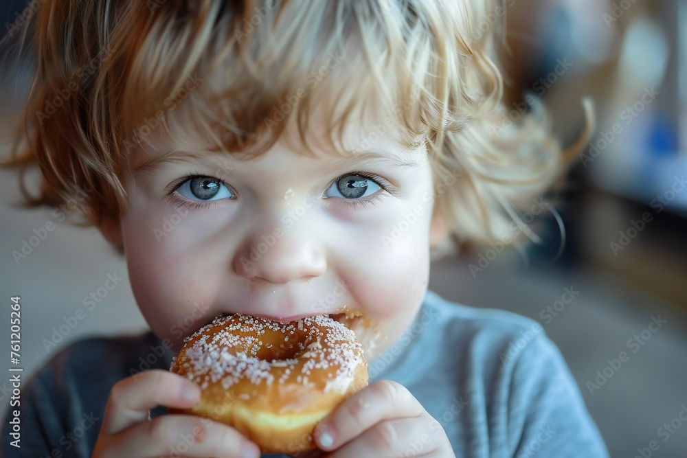 child eating doughnut messily. A sweet cupcake in hand. The boy is ...