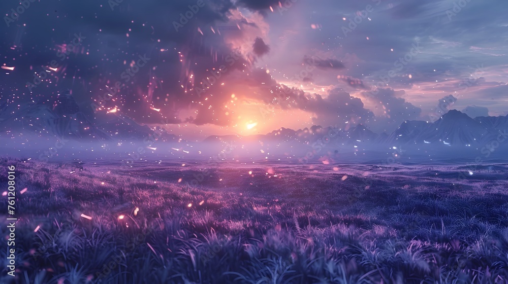 Vibrant Purple Sunset in Anime Style Mountain Landscape, To provide a ...