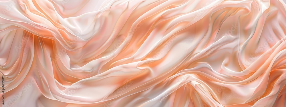 delicate peach-colored silk fabric is caught by a gust of wind, swaying ...