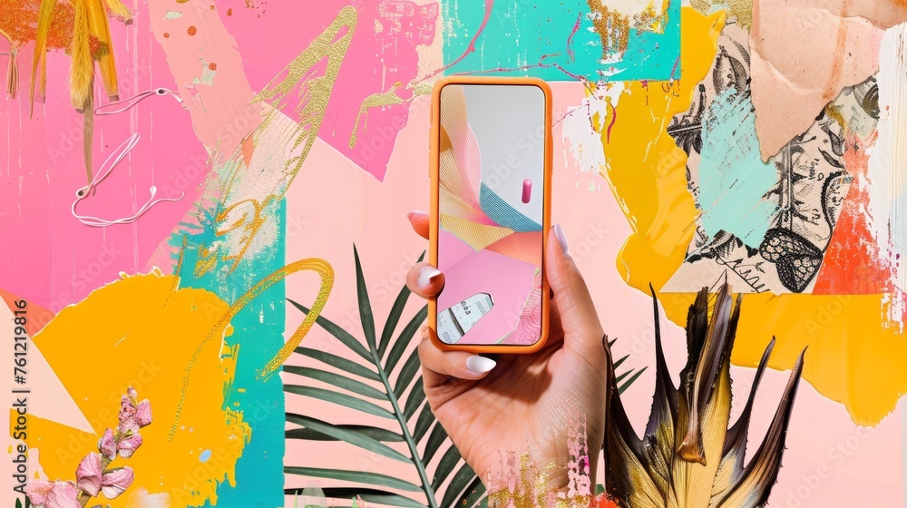 Trending collage banner. With the hand that holds the phone ...