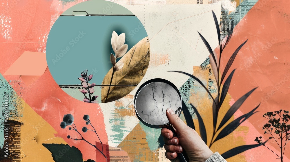 Creating a collage on the subject of SEO. Hand holding a magnifying ...