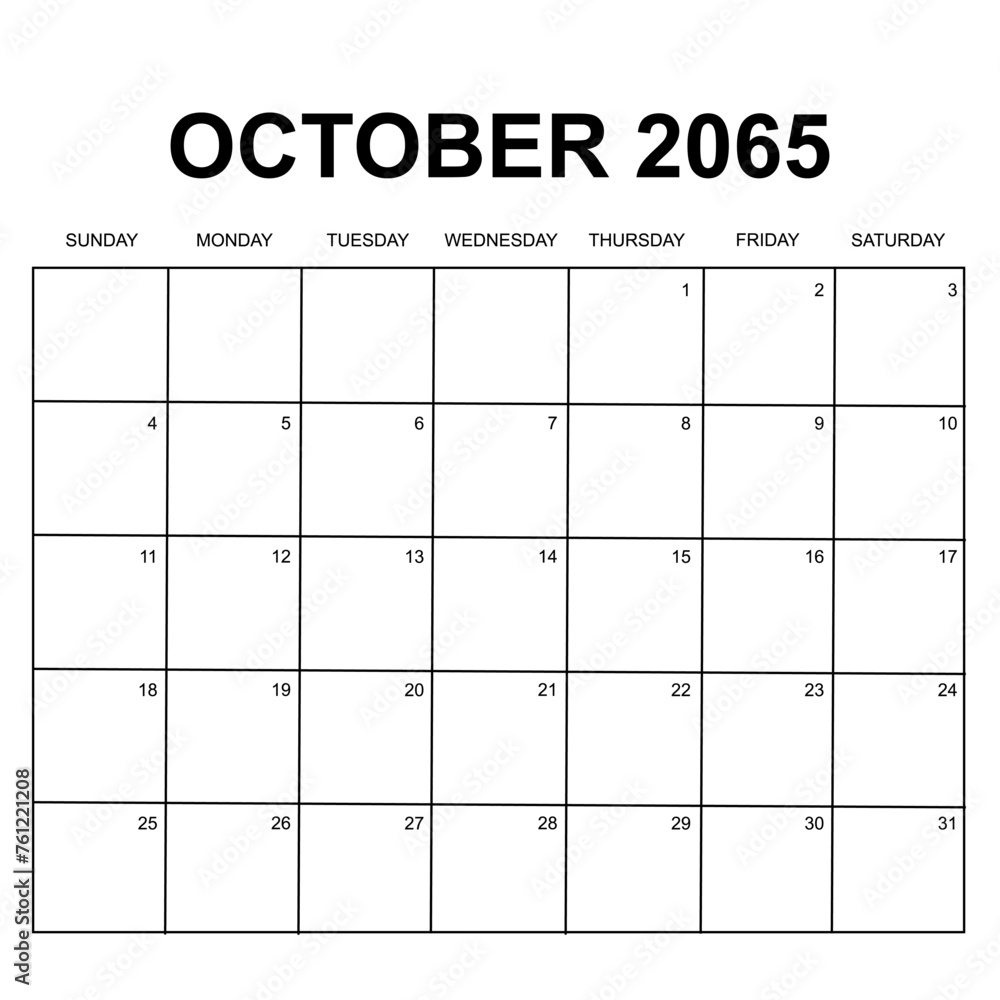 october 2065. monthly calendar design. week starts on sunday. printable ...